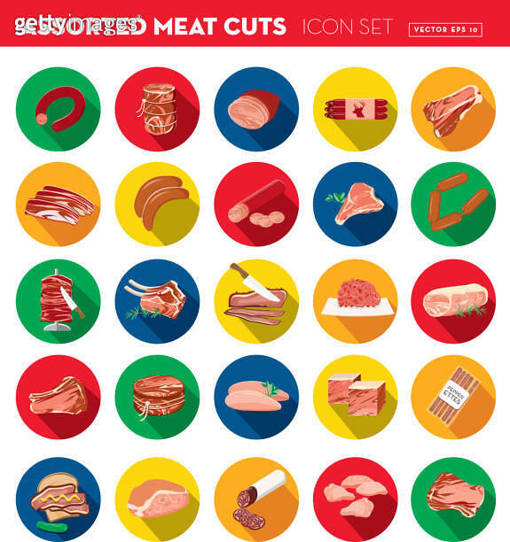 Deli meat cuts assorted cuts Flat Design themed Icon Set with shadow ...