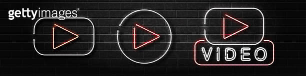Vector set of realistic isolated neon sign of video player logo for ...