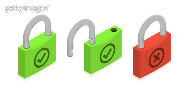 Closed and open locks with check and cross symbols. Isometric vector ...