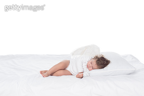 little baby angel sleeping on bed, isolated on white 이미지 (909287972 ...