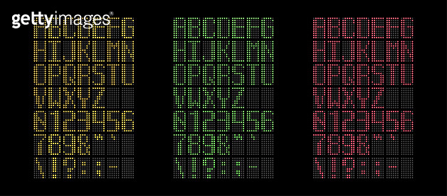 Digital yellow, green and red led font isolated on black background ...