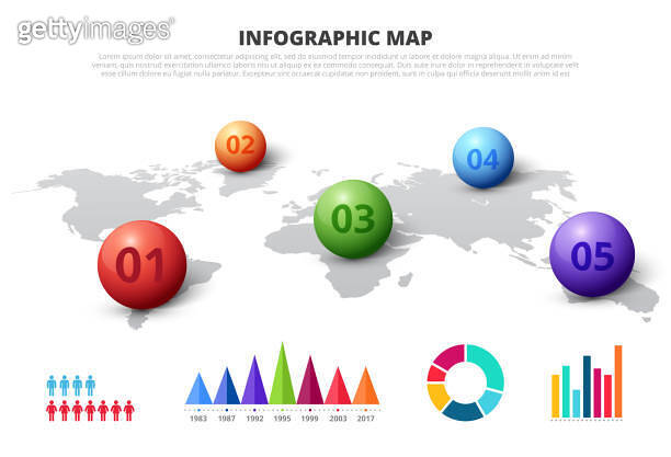 Vector world map with 5 spheres for business infographic. Presentation ...