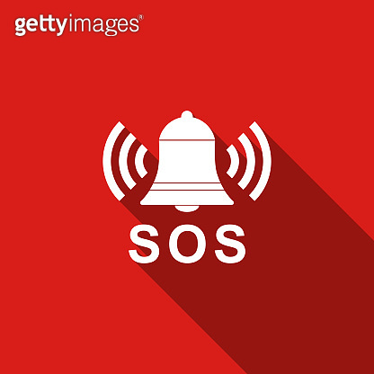 Alarm bell and SOS lettering icon isolated with long shadow. Warning ...