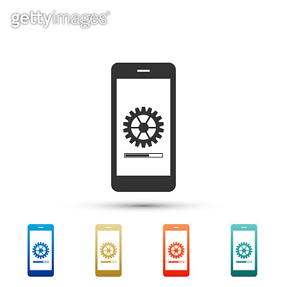 Smartphone update process with gearbox progress and loading bar icon isolated on white ...