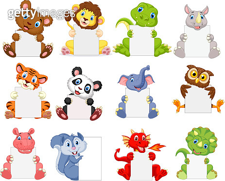 Wild animals cartoon holding blank sign 이미지 (1018555412) - 게티이미지뱅크