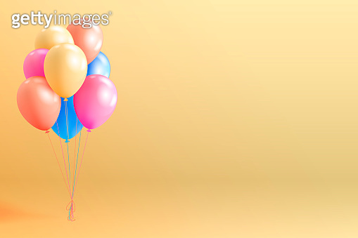 Set of realistic glossy helium balloons floating on yellow background ...