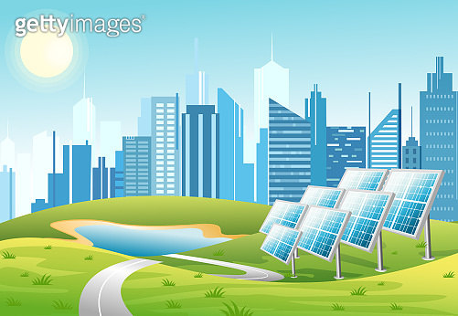 Vector illustration of solar power panels with sun and urban city ...