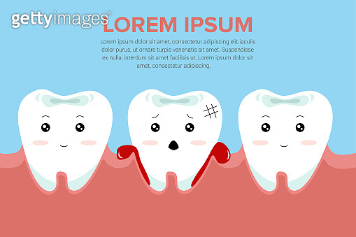 Cute cartoon tooth character with gum problem. Dental care concept ...
