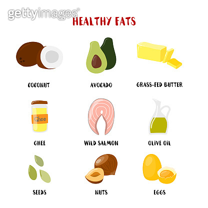 Food with Healthy fats and oils icons set isolated on white. Vector ...