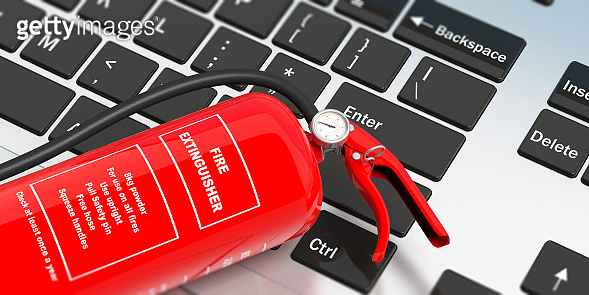 Fire extinguisher on computer keyboard with text label. 3d illustration ...