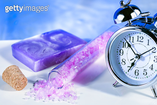 Clock and organic cosmetic. Salt and soap for bath. 이미지 (1077072942 ...