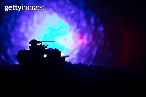 War Concept. Military silhouettes fighting scene on war fog sky ...