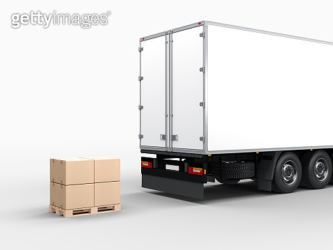 White Trailer with Four Brown Cardboard parcel boxes on euro pallet 이미지 ...