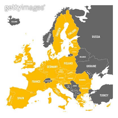 Political map of Europe with yellow highlighted 28 European Union, EU ...
