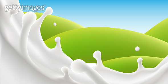 Milk splash advertising poster. Vector mock-up of pouring milk ...