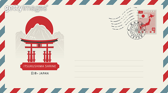 Postal envelope with Japanese landmark and symbols 이미지 (1048078880 ...
