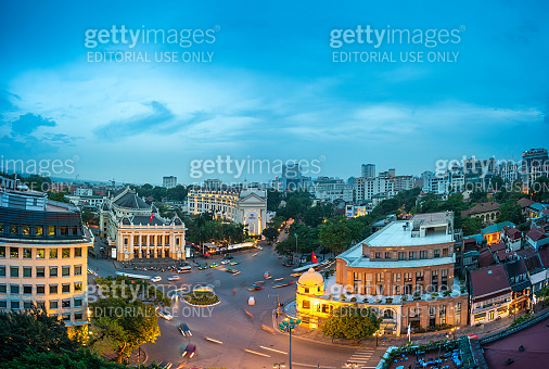 Aerial skyline view of Hanoi city, Vietnam. Hanoi cityscape by sunset ...