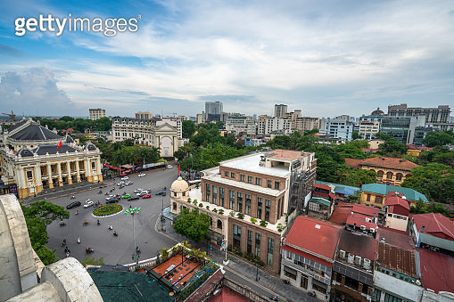 Aerial skyline view of Hanoi city, Vietnam. Hanoi cityscape by sunset ...