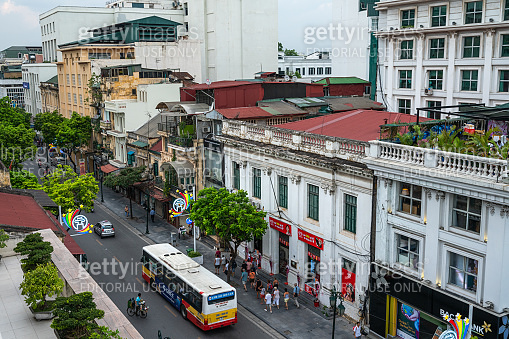 Aerial skyline view of Hanoi city, Vietnam. Hanoi cityscape by sunset ...