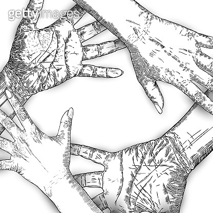 Together concept. Hand drawn people join hands together. Friends or ...