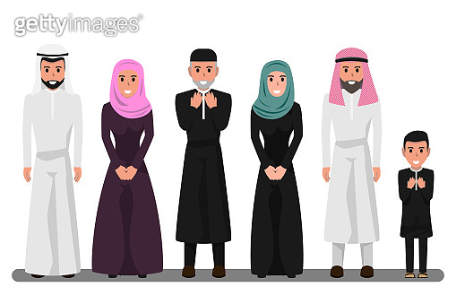 Arab family characters in various pose. Happy saudi, emirates muslim ...