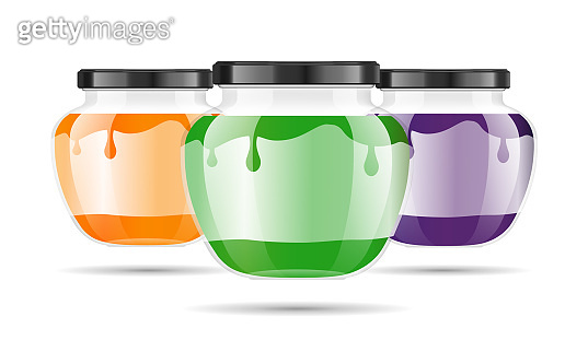 Realistic transparent glass jar with jam, confiture or sauce ...