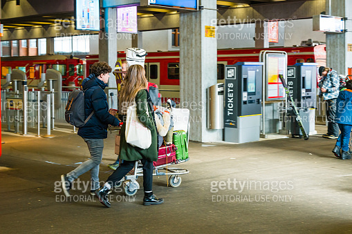 Tourists arriving at Zermatt village train station from Tasch ...