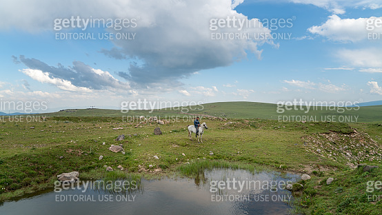 Man riding a horse inside a small pond in Savsat, Artvin, Turkey ...