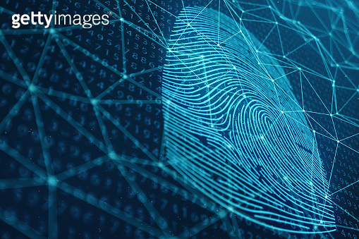 3D illustration Fingerprint scan provides security access with biometrics identification ...