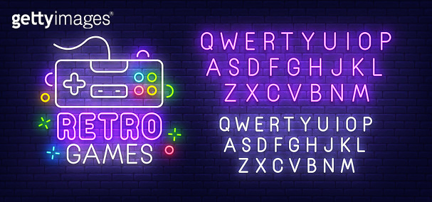 Retro Games neon sign, bright signboard, light banner. Gamer logo. Neon ...