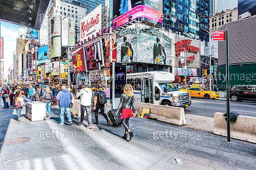 Manhattan NYC buildings of midtown Times Square, Broadway avenue road, signs ads, many large ...