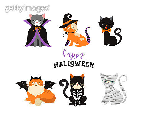 Happy Halloween - cats in monsters costumes, Halloween party. Vector ...