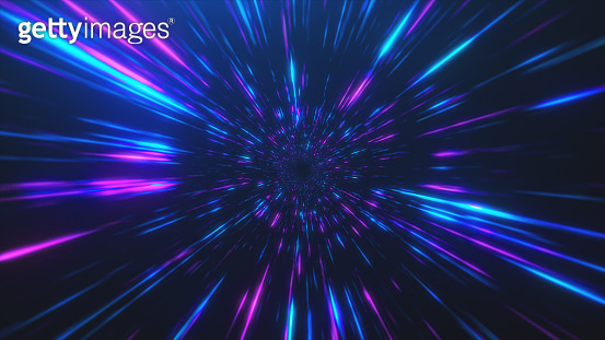 Abstract flight in retro neon hyper warp space in the tunnel 3d ...