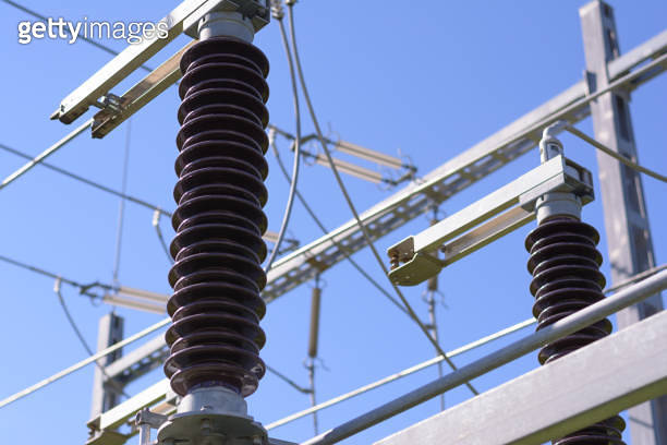 Distribution electric substation. Power lines and high voltage circuit ...