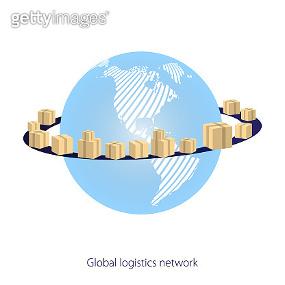 Global logistics network. Earth Globe Surrounded by Cardboard Boxes ...