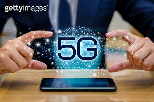 phone 5g Earth businessman connect worldwide waiter hand holding an ...