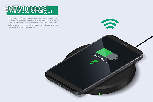 Wireless Charger banner. Realistic modern black smartphone isolated ...