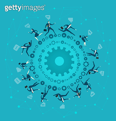Business people running around of rotating cogs, representing busy and ...