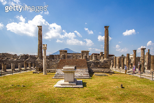 Panoramic view of the ancient city, the ruined ancient columns and the ...