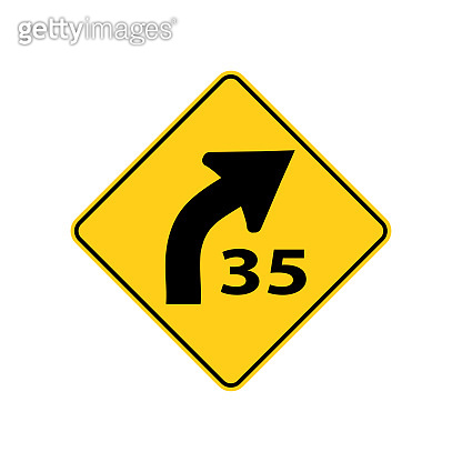 USA traffic road signs. right curve ahead,advisory to reduce speed to ...