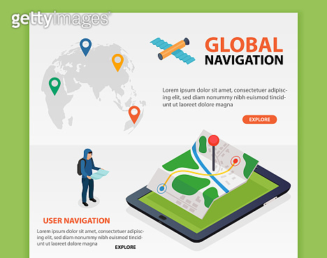 Flat 3d isometric mobile GPS navigation maps vector. World silhouette pin. Tablet with gps ...