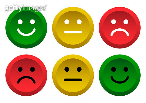 Set of buttons. Green, yellow, red smileys emoticons icon positive ...