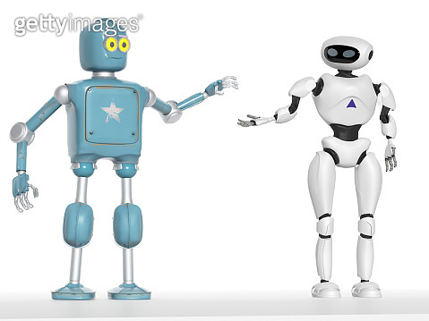 two generations of robots holding hands with an on-white background 3d render 이미지 (931918244 ...