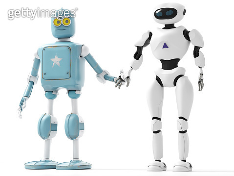 two generations of robots holding hands with an on-white background 3d render 이미지 (931918226 ...