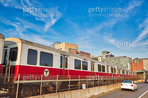 Boston MBTA subway lines, train crossing Longfellow bridge over scenic ...