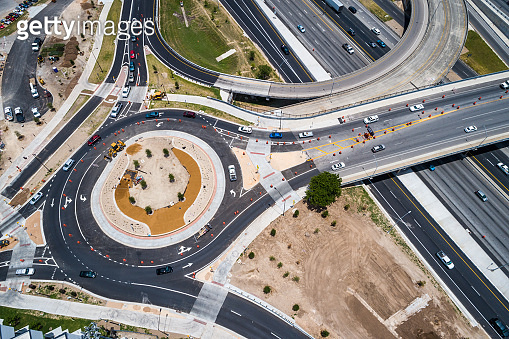 Aerial view of Round a Bout in Austin Texas near interstate 35 modern ...
