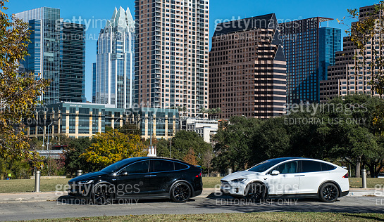 Two Tesla Model-X Electric Cars in front of Austin Texas Capital City ...