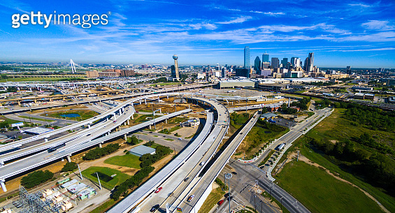 Intersecting curved Highway interchange leading towards Dallas Texas ...