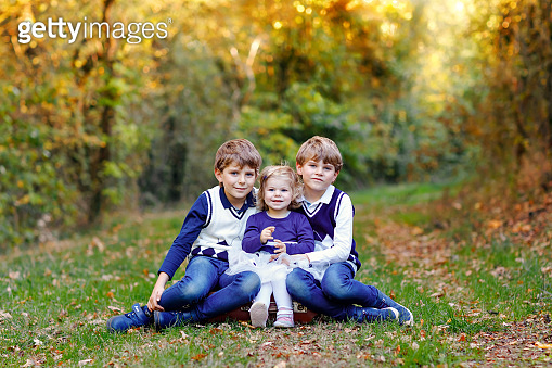 Portrait of three siblings children. Two kids brothers boys and little cute toddler sister girl ...