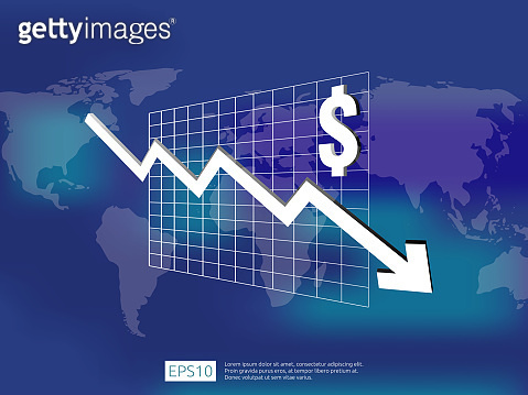dollar money fall down symbol with world map and blur background. arrow ...